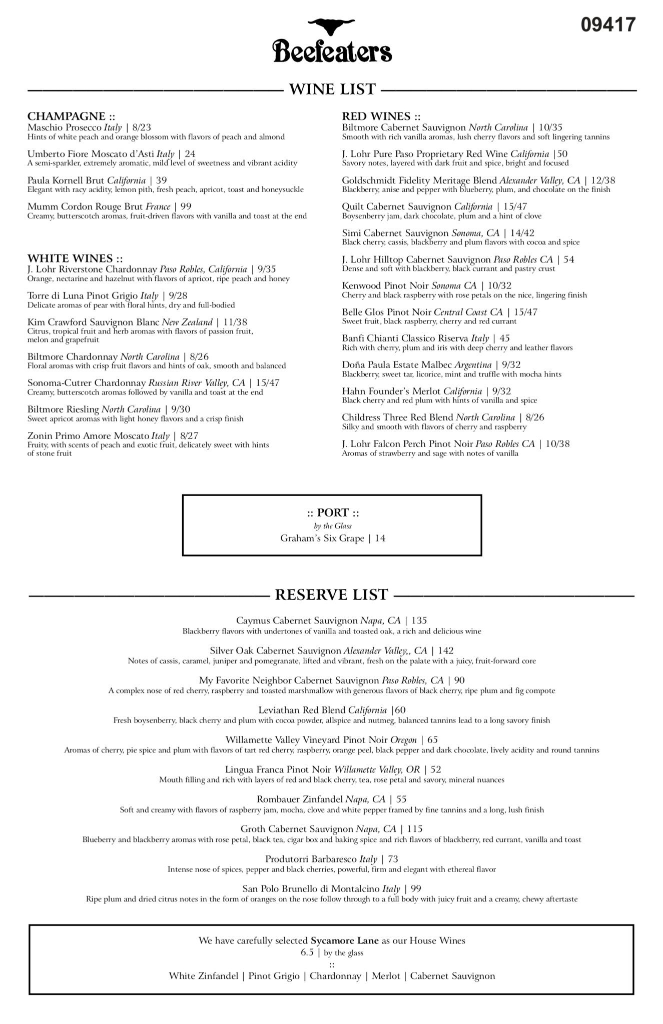 Menu - Seafood, Steaks, Chicken | Beefeaters of Southern Pines